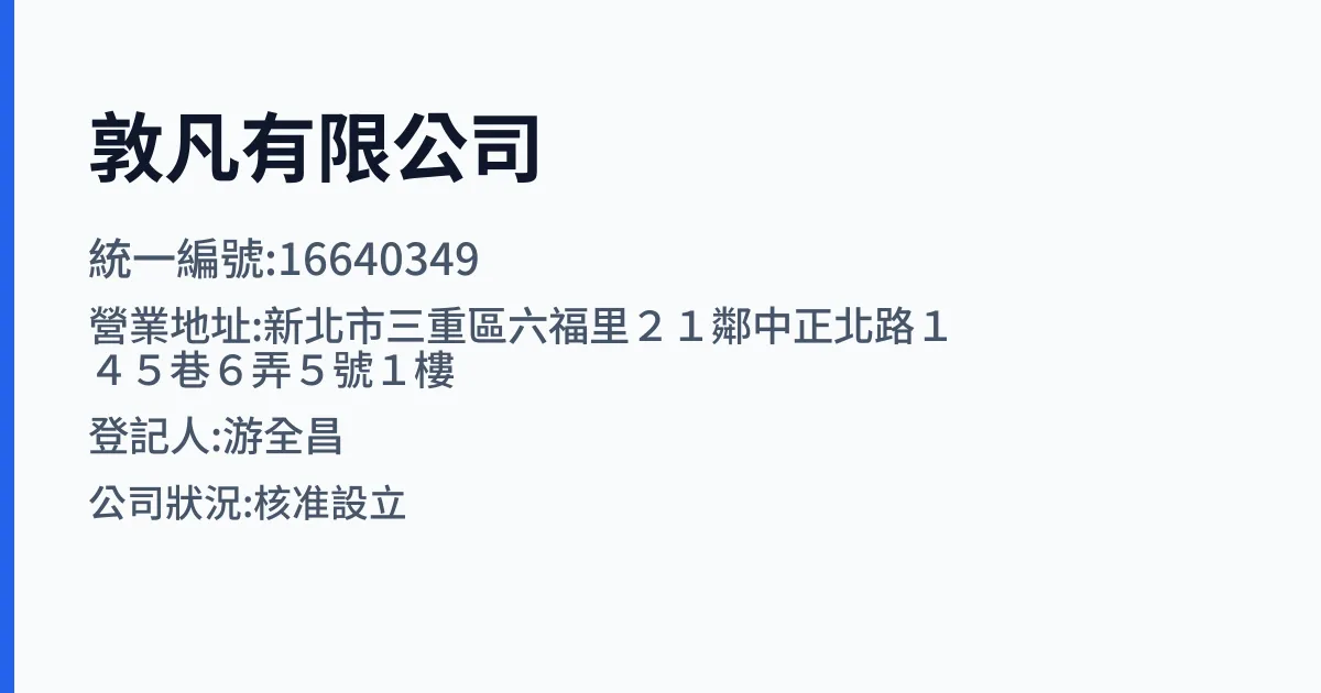 敦凡有限公司 - 統編 16640349(新北市) 公司登記資料與營業項目詳細圖表