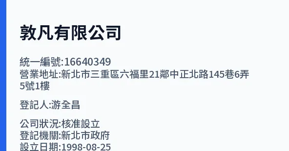 敦凡有限公司的照片-統編 16640349(新北市) 公司登記資料與營業項目詳細圖表
