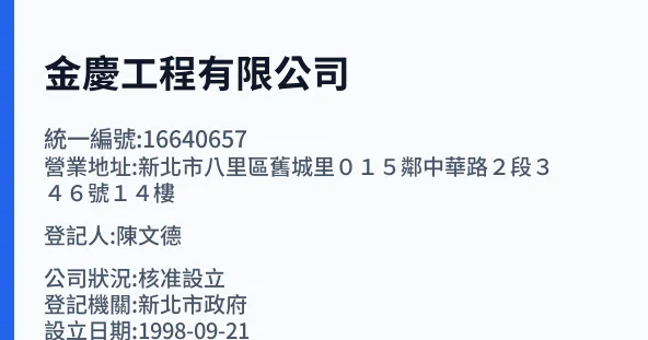 金慶工程有限公司的照片-統編 16640657(新北市) 公司登記資料與營業項目詳細圖表