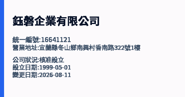 鈺磐企業有限公司的照片-統編 16641121 公司登記資料與營業項目詳細圖表