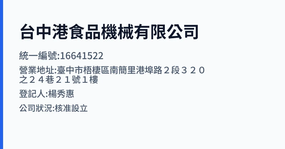 台中港食品機械有限公司 - 統編 16641522(臺中市) 公司登記資料與營業項目詳細圖表