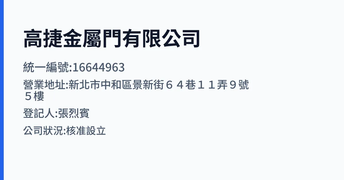 高捷金屬門有限公司 - 統編 16644963(新北市) 公司登記資料與營業項目詳細圖表