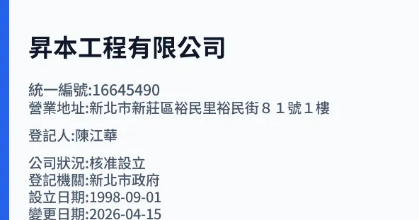昇本工程有限公司的照片-統編 16645490(新北市) 公司登記資料與營業項目詳細圖表