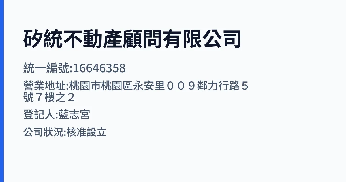 矽統不動產顧問有限公司 - 統編 16646358(桃園市) 公司登記資料與營業項目詳細圖表