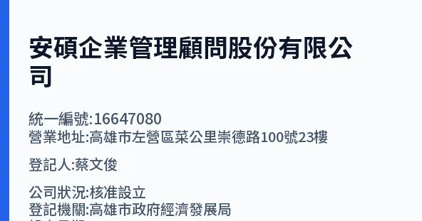 安碩企業管理顧問股份有限公司的照片-統編 16647080(高雄市) 公司登記資料與營業項目詳細圖表
