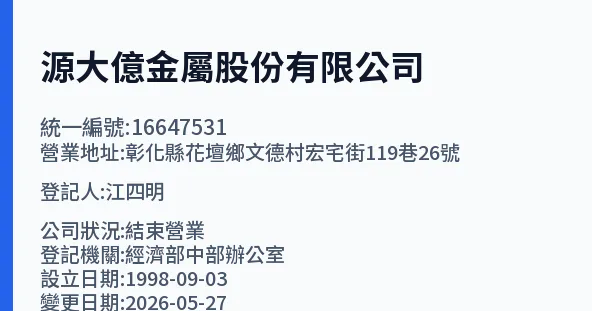 源大億金屬股份有限公司的照片-統編 16647531(彰化縣) 公司登記資料與營業項目詳細圖表