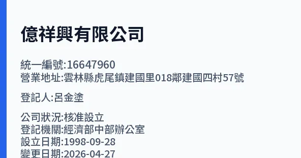 億祥興有限公司的照片-統編 16647960(雲林縣) 公司登記資料與營業項目詳細圖表