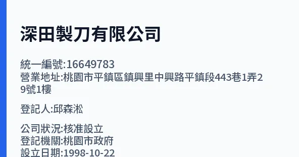 深田製刀有限公司的照片-統編 16649783(桃園市) 公司登記資料與營業項目詳細圖表