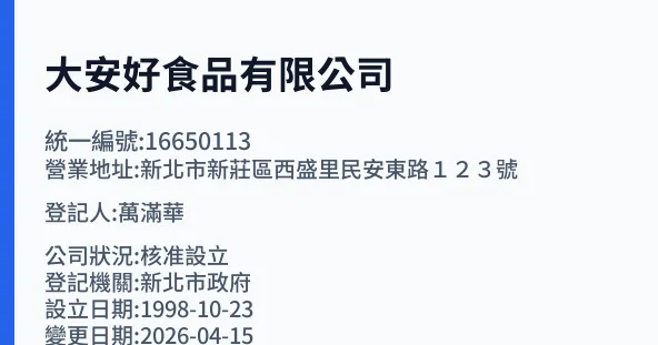 大安好食品有限公司的照片-統編 16650113(新北市) 公司登記資料與營業項目詳細圖表
