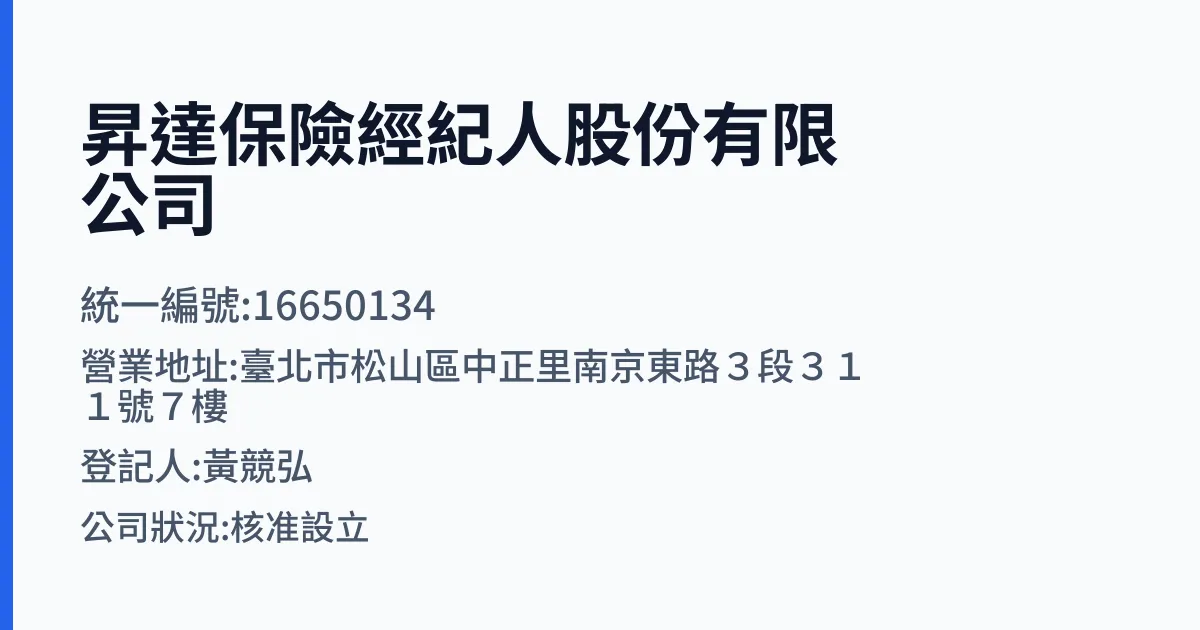 昇達保險經紀人股份有限公司 - 統編 16650134(宜蘭縣) 公司登記資料與營業項目詳細圖表