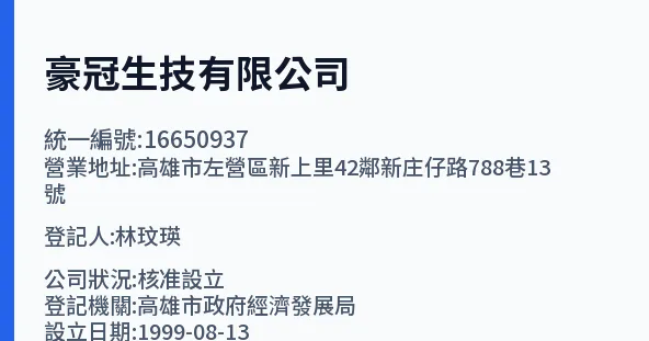 豪冠生技有限公司的照片-統編 16650937(高雄市) 公司登記資料與營業項目詳細圖表