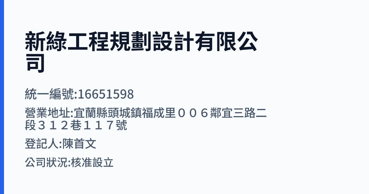 新綠工程規劃設計有限公司 - 統編 16651598(新北市) 公司登記資料與營業項目詳細圖表