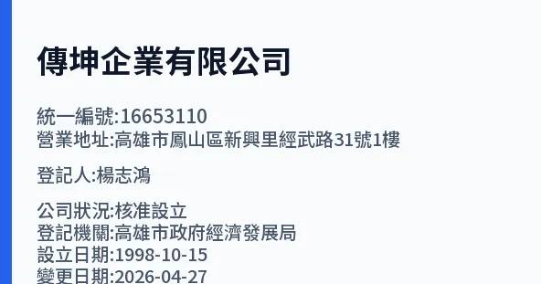 傳坤企業有限公司的照片-統編 16653110(高雄市) 公司登記資料與營業項目詳細圖表