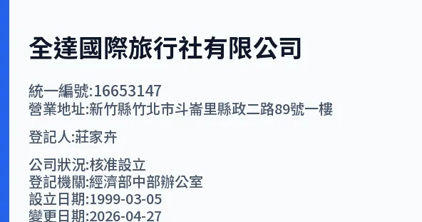 全達國際旅行社有限公司的照片-統編 16653147(新竹縣) 公司登記資料與營業項目詳細圖表
