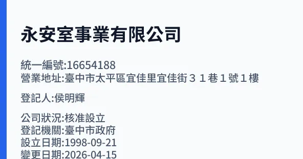 永安室事業有限公司的照片-統編 16654188(臺中市) 公司登記資料與營業項目詳細圖表