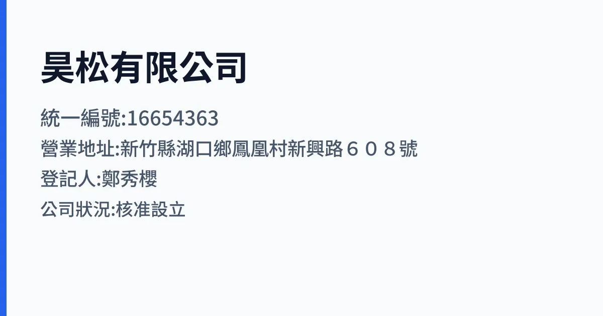 昊松有限公司 - 統編 16654363(新竹縣) 公司登記資料與營業項目詳細圖表