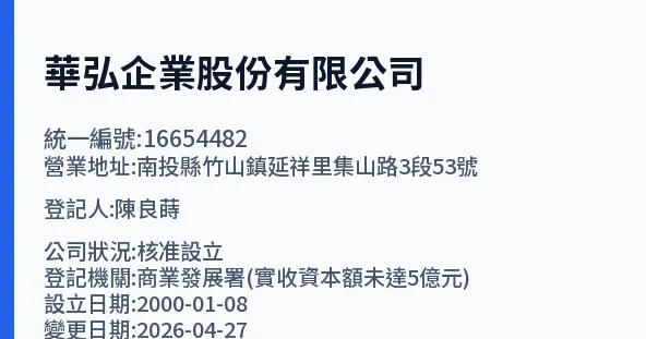 華弘企業股份有限公司的照片-統編 16654482(南投縣) 公司登記資料與營業項目詳細圖表