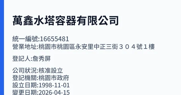 萬鑫水塔容器有限公司的照片-統編 16655481(桃園市) 公司登記資料與營業項目詳細圖表