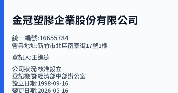 金冠塑膠企業股份有限公司的照片-統編 16655784(新竹市) 公司登記資料與營業項目詳細圖表