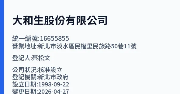 大和生股份有限公司的照片-統編 16655855(新北市) 公司登記資料與營業項目詳細圖表