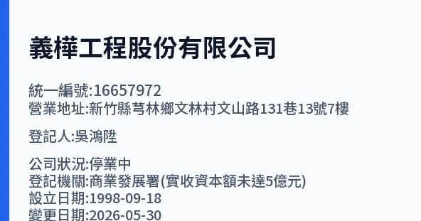 義樺工程股份有限公司的照片-統編 16657972(新竹縣) 公司登記資料與營業項目詳細圖表