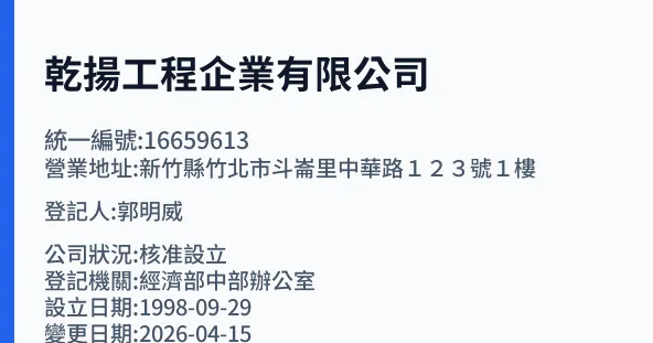乾揚工程企業有限公司的照片-統編 16659613(新竹縣) 公司登記資料與營業項目詳細圖表