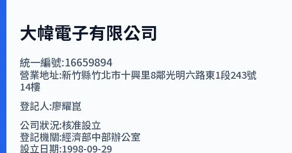 大幃電子有限公司的照片-統編 16659894(新竹縣) 公司登記資料與營業項目詳細圖表