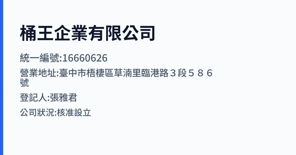 桶王企業有限公司 - 統編 16660626(臺中市) 公司登記資料與營業項目詳細圖表