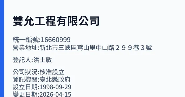 雙允工程有限公司的照片-統編 16660999(新北市) 公司登記資料與營業項目詳細圖表