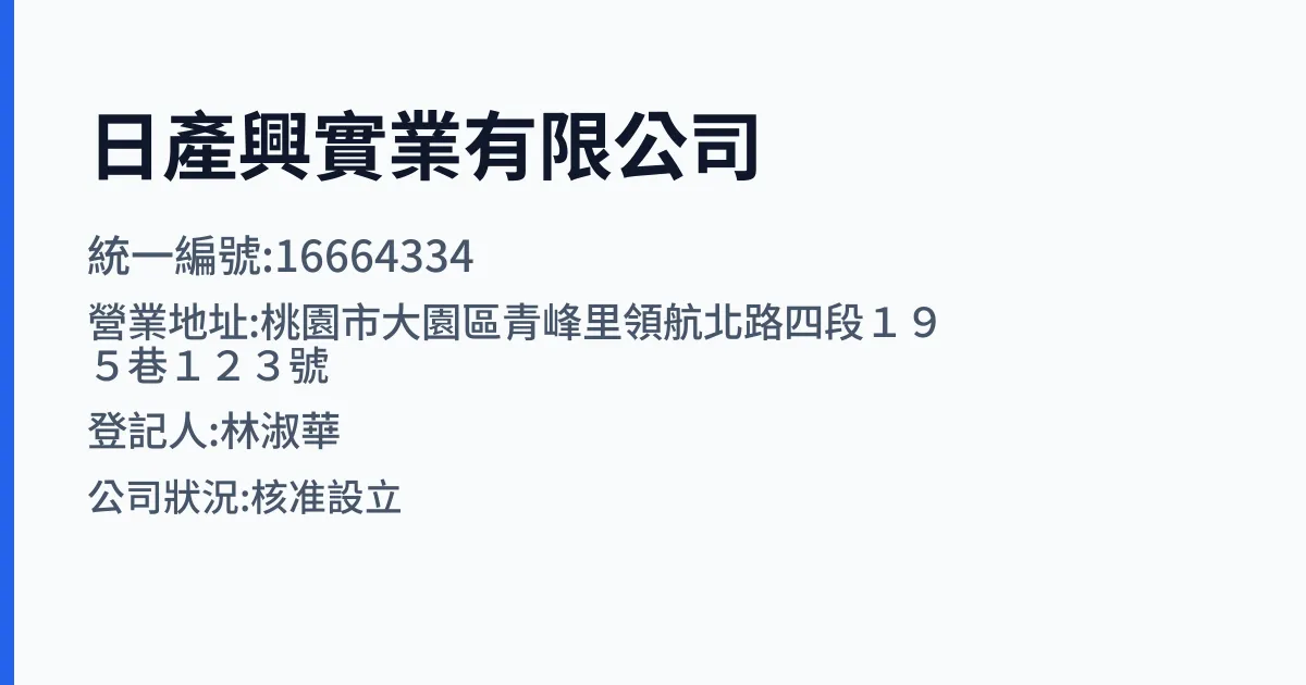 日產興實業有限公司 - 統編 16664334(桃園市) 公司登記資料與營業項目詳細圖表