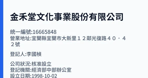 金禾堂文化事業股份有限公司的照片-統編 16665848(宜蘭縣) 公司登記資料與營業項目詳細圖表