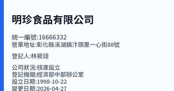 明珍食品有限公司的照片-統編 16666332(彰化縣) 公司登記資料與營業項目詳細圖表