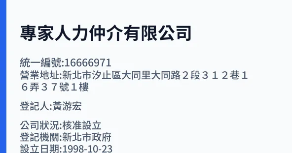 專家人力仲介有限公司的照片-統編 16666971(新北市) 公司登記資料與營業項目詳細圖表