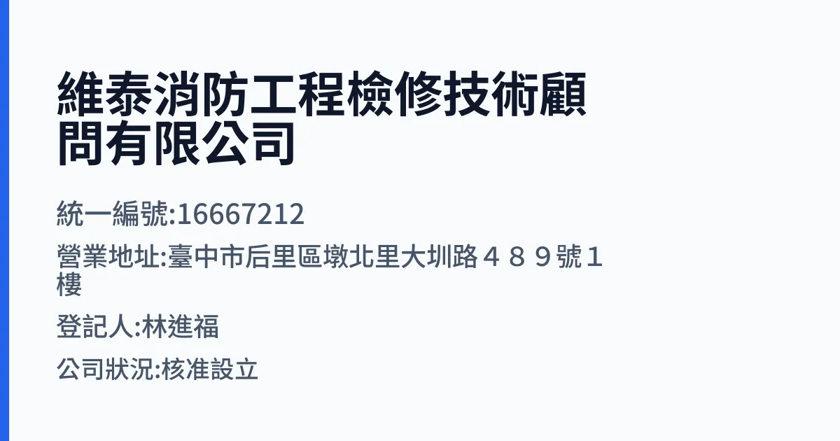 維泰消防工程檢修技術顧問有限公司 - 統編 16667212(臺中市) 公司登記資料與營業項目詳細圖表