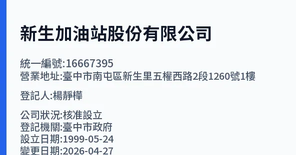 新生加油站股份有限公司的照片-統編 16667395(臺中市) 公司登記資料與營業項目詳細圖表