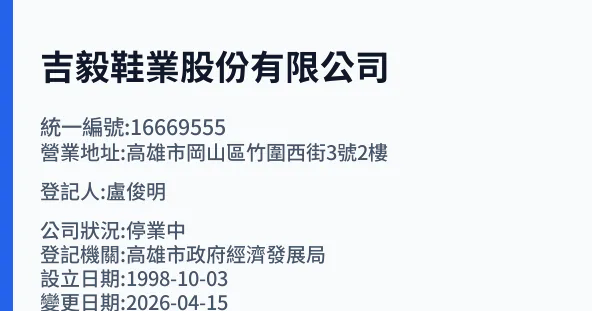 吉毅鞋業股份有限公司的照片-統編 16669555(高雄市) 公司登記資料與營業項目詳細圖表