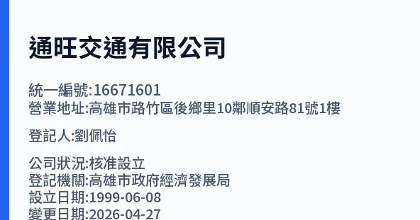 通旺交通有限公司的照片-統編 16671601(高雄市) 公司登記資料與營業項目詳細圖表