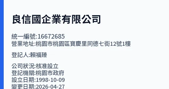 良信國企業有限公司的照片-統編 16672685(桃園市) 公司登記資料與營業項目詳細圖表