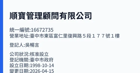 順寶管理顧問有限公司的照片-統編 16672735(臺中市) 公司登記資料與營業項目詳細圖表