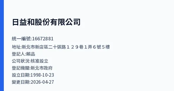 日益和股份有限公司的照片-統編 16672881(新北市) 公司登記資料與營業項目詳細圖表