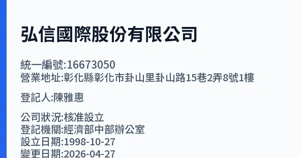 弘信國際股份有限公司的照片-統編 16673050(彰化縣) 公司登記資料與營業項目詳細圖表