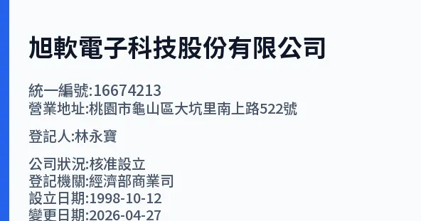 旭軟電子科技股份有限公司的照片-統編 16674213(桃園市) 公司登記資料與營業項目詳細圖表