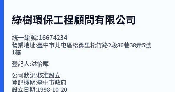 綠樹環保工程顧問有限公司的照片-統編 16674234(臺中市) 公司登記資料與營業項目詳細圖表