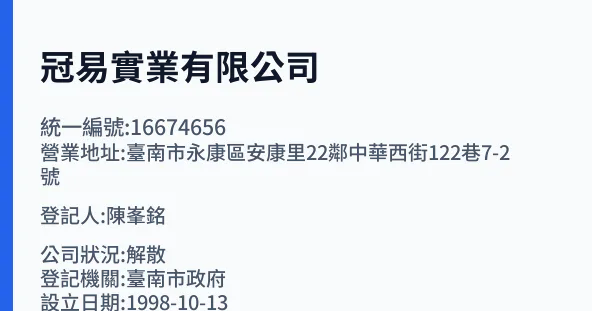 冠易實業有限公司的照片-統編 16674656(臺南市) 公司登記資料與營業項目詳細圖表