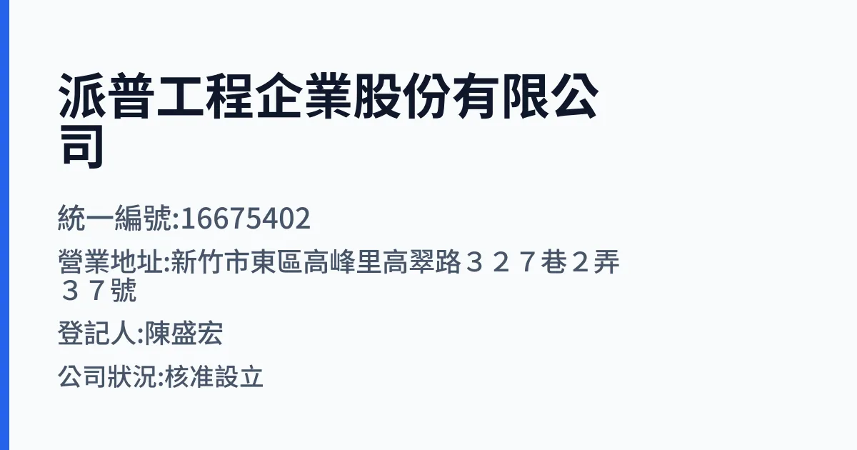 派普工程企業股份有限公司 - 統編 16675402(新竹市) 公司登記資料與營業項目詳細圖表