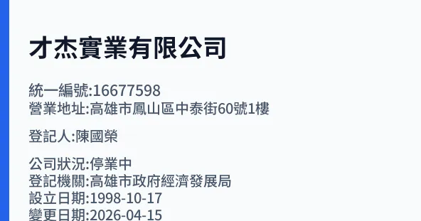 才杰實業有限公司的照片-統編 16677598(高雄市) 公司登記資料與營業項目詳細圖表