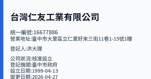 台灣仁友工業有限公司的照片-統編 16677886(臺中市) 公司登記資料與營業項目詳細圖表
