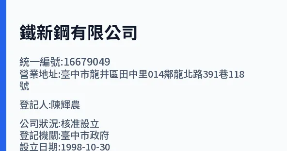 鐵新鋼有限公司的照片-統編 16679049(臺中市) 公司登記資料與營業項目詳細圖表