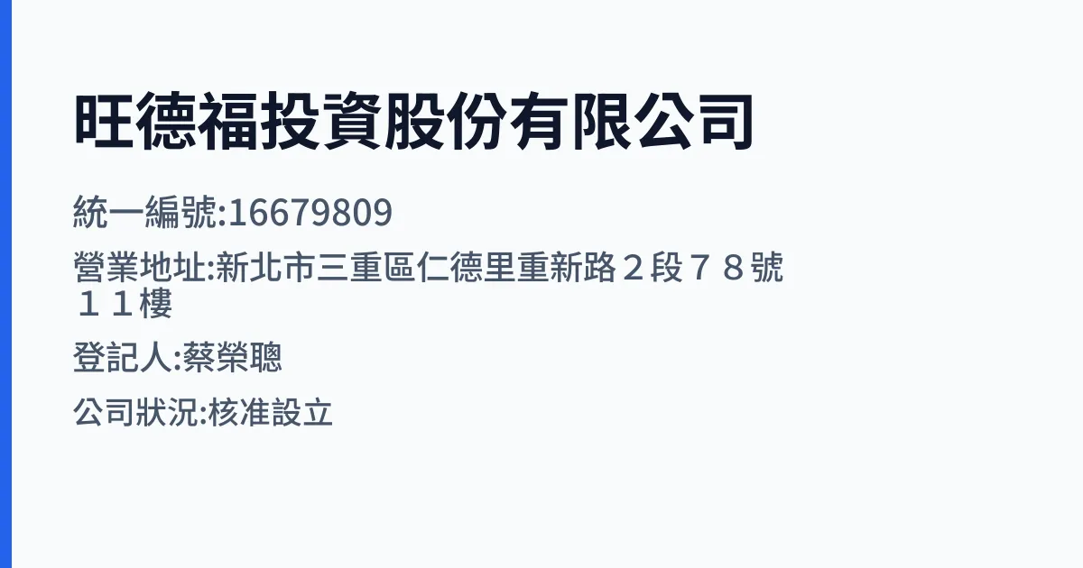 旺德福投資股份有限公司 - 統編 16679809(新北市) 公司登記資料與營業項目詳細圖表