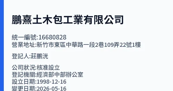 鵬熹土木包工業有限公司的照片-統編 16680828(新竹市) 公司登記資料與營業項目詳細圖表